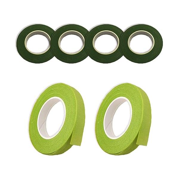 セット内容：フローラルテープ（ダークグリーン）4巻＋フローラルテープ（ライトグリーン）2巻・サイズ：テープサイズ：幅1.2cm、巻き長さ約27m、厚さ1.5cm・材質:フローラテープはクレープ紙を採用し、水ベースの接着剤材を採用しており 伸...