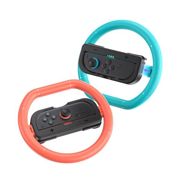 青い+オレンジ/-/-・Switch 2に最適2025発売：Nintendo Switch 2 Joy-Conに設計され、Switch 2用 ハンドル ステアリングホイールは、マリオカート9/8デラックス、スピードレーサー、Forza Ho...