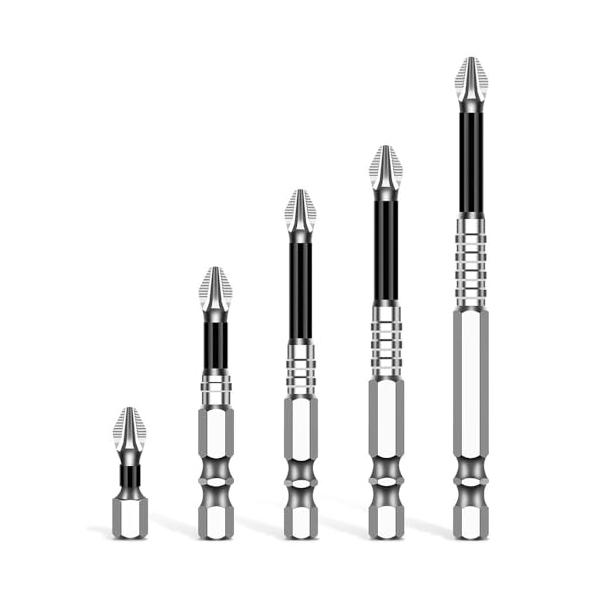 製品情報ですセット内容：滑り止め十字ドライバービット×5本。サイズ：25mm、50mm、65mm、70mm、90mm。・良質材質高硬度S2合金鋼を用いて製造し、熱処理技術を用いて、表面硬化、耐衝撃、防錆、耐摩耗。・滑り止め設計このドライバー...