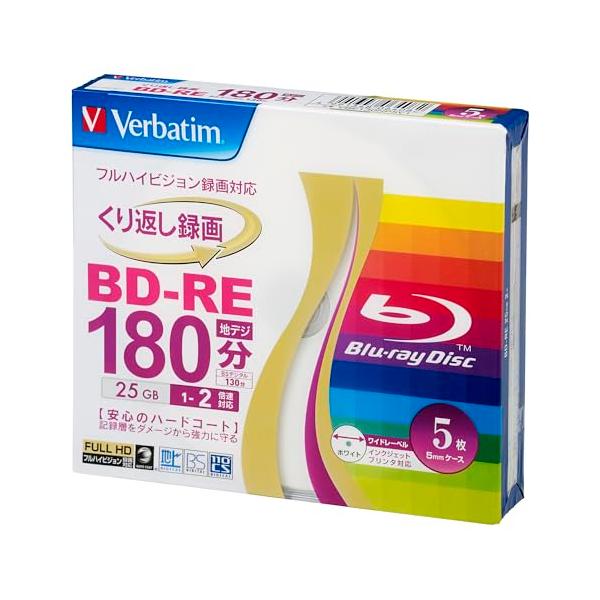 片面1層ホワイト/5枚/VBE130NP5V1・パッケージ個数:1・品種:録画用 BD-RE・くり返し録画用・録画時間:地デジ 180分 / BSデジタル130分・レーベル面:ホワイト・盤面印刷: / 範囲:22mm-118mmワイド