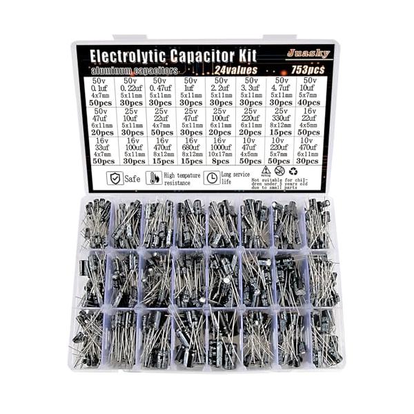 アルミ電解コンデンサキット：常用24モデルを分類ボックスに収納（10V/16V/25V/50V/400V 2.2UF/ 4.7UF /470UF/ 100UF/ 1000UF対応）.・アルミニウムコンデンサ：アルミ素材採用 安定性能/高安全...