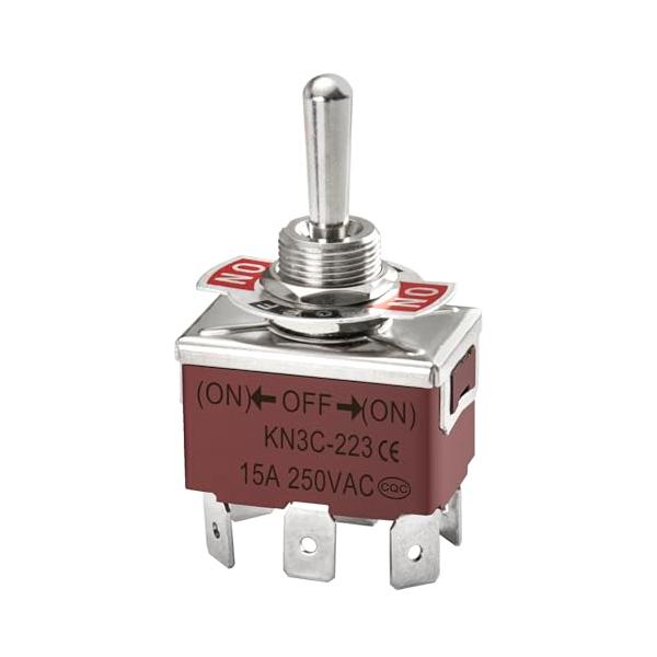 シルバー、ブラウン/-/HST-223・パッケージ個数:1・定格:250VAC、15Amp・タイプ:DPDT ON/OFF/ON モーメンタリ・取付穴サイズ:12mm・タブ端子6個幅1/4インチ。・本体サイズ:32mm x 20mm