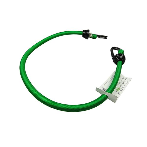 伸縮性があり、周囲を糸で特殊織しているため、強度があります。【用途】荷物の仮留め・固定。【機能・特徴】両端にフックの付いた丸ゴムです。フック取付なので、様々な所に簡単に取付可能です。【仕様】●サイズ：約50cm。●色：緑。【材質】●ポリプロ...