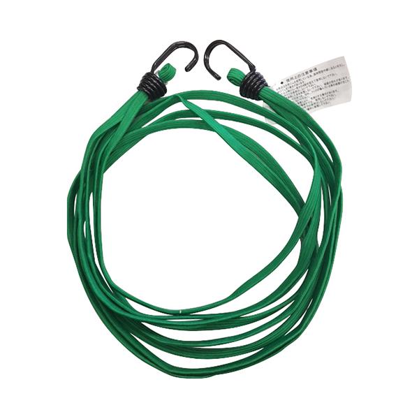 伸縮性のある両端フック付の平ゴムです。【用途】荷物の仮固定や結束。【機能・特徴】四つ又になっている為、四面から固定することができます。【仕様】●幅：9mm。●長さ：120cm。●4本組。●色：緑。【材質】●フック：スチール。●中芯：天然ゴム...