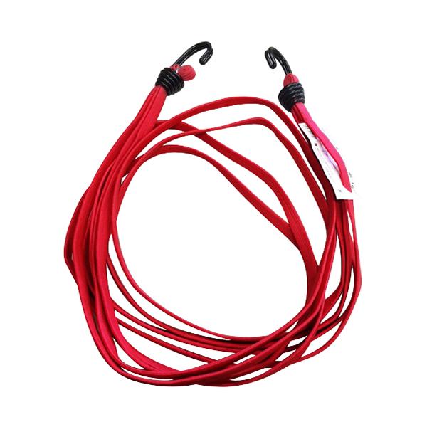 伸縮性のある両端フック付の平ゴムです。【用途】荷物の仮固定や結束。【機能・特徴】四つ又になっている為、四面から固定することができます。【仕様】●幅：9mm。●長さ：120cm。●4本組。●色：赤。【材質】●フック：スチール。●中芯：天然ゴム...