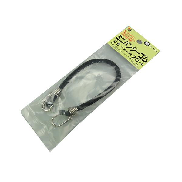 細くてよく伸びます。【用途】荷物の仮留め・固定。【機能・特徴】小荷物の固定に最適、手軽にいろいろ使えます。【仕様】●サイズ：5号×約20cm。●色：黒。【材質】●ポリプロピレン。●天然ゴム。●鉄。
