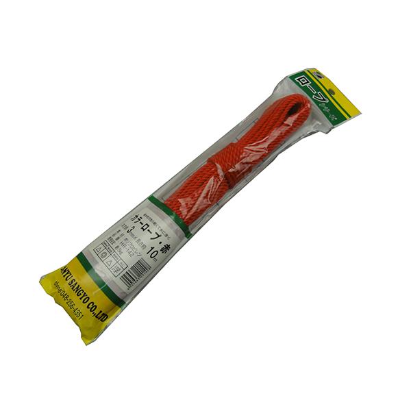 ポリプロピレン製のカラーロープです。【用途】荷物の固定・梱包用。【機能・特徴】耐水性があり軽くて水に浮きます。【仕様】●サイズ(約)：太さ3mm×長さ10m。●使用目安：約5kg。●色：赤。【材質】●ポリプロピレン。
