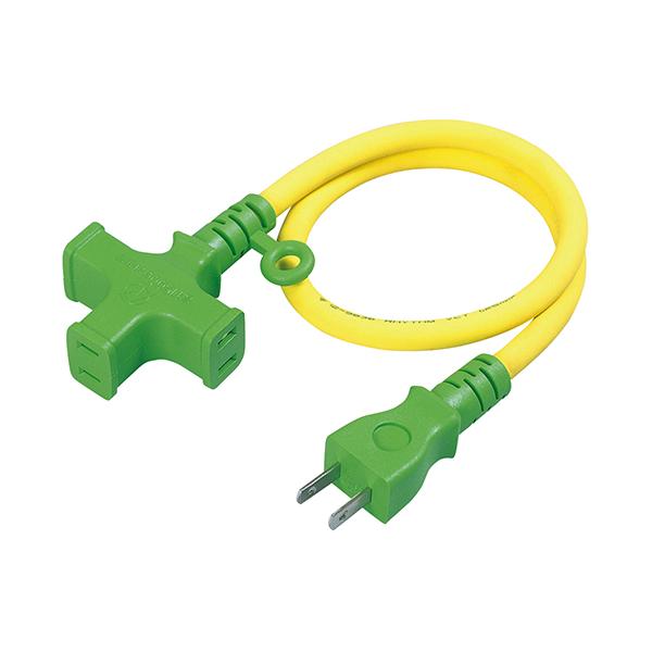 コンセント部分がピカッと光ります。【用途】ランプ付クロスタップ。【機能・特徴】ほたるコンセントです。屋内型です。【仕様】●定格：15A/125V・1500W。●電線長：0.5m(ソフト電線)。●電線色：黄。●電線種：SVCT1.25mm2×...