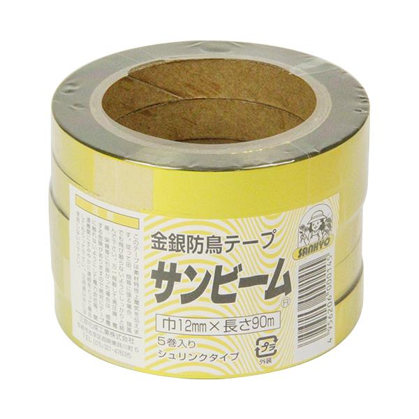 金銀5巻、防鳥テープです。【用途】防鳥テープ。【機能・特徴】広範囲の防鳥に最適です。【仕様】●サイズ：12mm×90m×5巻。●色：金銀。【材質】●ポリエチレン。