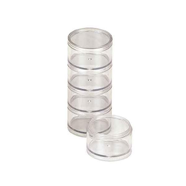 【用途】あらゆる小物の収納。【機能・特徴】本体の連結はネジ式組み合わせ自在。【仕様】●サイズ：外寸４０φ×１０２（５段）ｍｍ。●内寸３３φ×１６（１段）ｍｍ。●カラー：クリア。【材質】●スチロール樹脂。