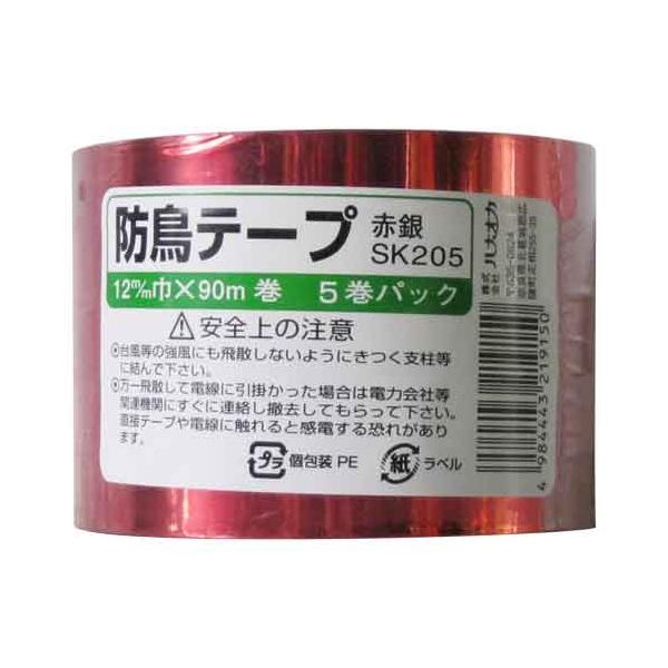 野鳥もびっくりします。【用途】防鳥・防虫。【機能・特徴】害鳥の視覚を狂わせ飛来を防止します。鳥や虫の苦手な太陽光の乱反射効果を高めます。【仕様】●色：赤・銀。●幅：１２ｍｍ。●長さ：９０ｍ。●５巻入。【材質】●ポリエチレン。