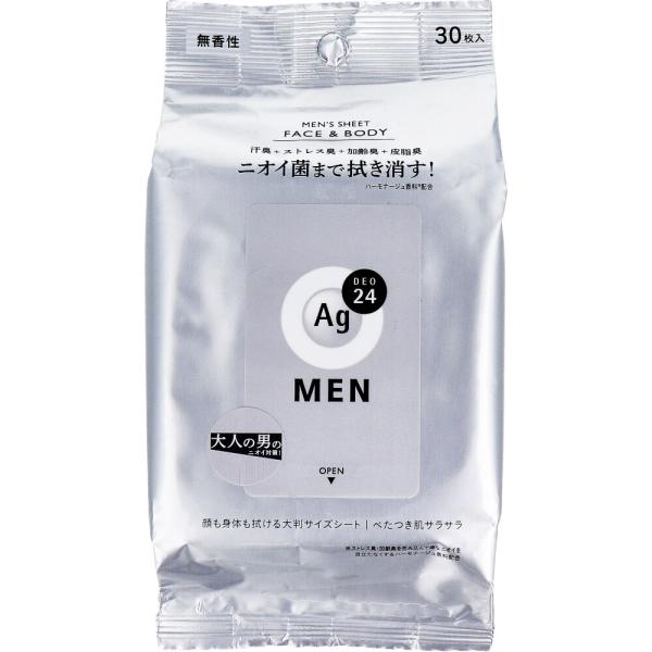 エージー24メン メンズシート フェイス&amp;ボディ用 無香性 30枚入携帯する大人の男のエチケット。ニオイにもテカリにも気を配るあなたに、顔も身体もこれ1つ！●顔も身体も拭ける大判シート。べたつき肌サラサラ。●フェイスに。・肌にやさし...