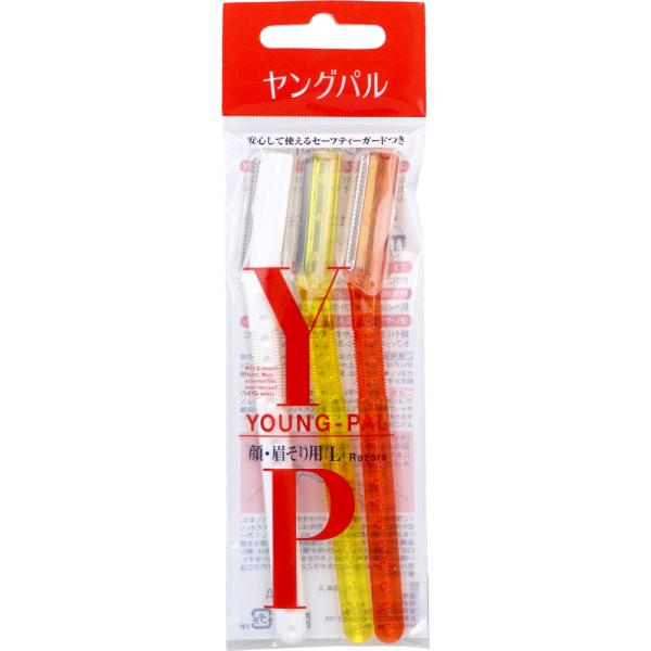 ヤングパル L 顔・眉そり用 3本入はじめてのかたにも安心な、セーフティーガードつき。●0.05ミリのうすいステンレス製のガードが、横滑りを防ぐだけでなく、そり残しを少なくし、すっきりお手入れいただけます。●プラチナ特殊加工のステンレス刃：...