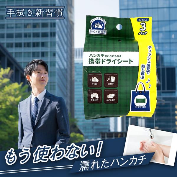 ハンカチ代わりにもなる携帯ドライシート 10枚入×3パックティッシュ感覚で持ち運ぶ♪外出先のいろいろなシーンで活躍！！●持ち運びやすいスマホサイズ。●やわらかくて丈夫な、らくらく吸水エンボスシート素材。●手拭き・台拭き・食器拭き・よごれ取り...