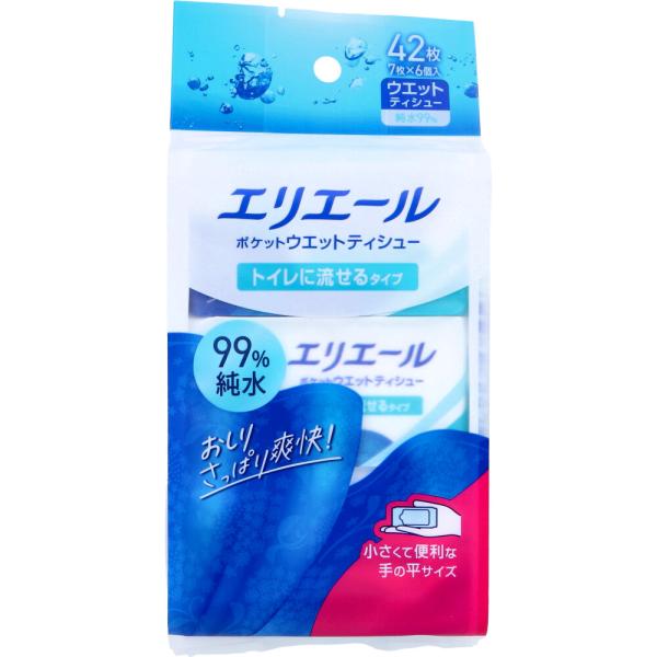 エリエール ポケットウエットティシュー トイレに流せるタイプ 7枚×6個入おしりさっぱり爽快！気になるときにさっと使えて、トイレに流せる。●おしりだけではなく、手やからだふきにもご使用いただけます。●やわらかいシートで、やさしい拭き心地。●...