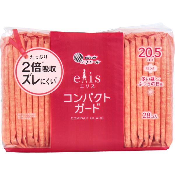 エリス コンパクトガード 多い昼-ふつうの日用 羽つき 20.5cm 28コ入たっぷり2倍吸収。ズレにくい。※1●経血をたっぷり吸収！5時間べたつきにくい。※1●超吸収ポリマーがぎっしり！ふつうのナプキンの2倍吸収。※1●わずか1.9mmの...