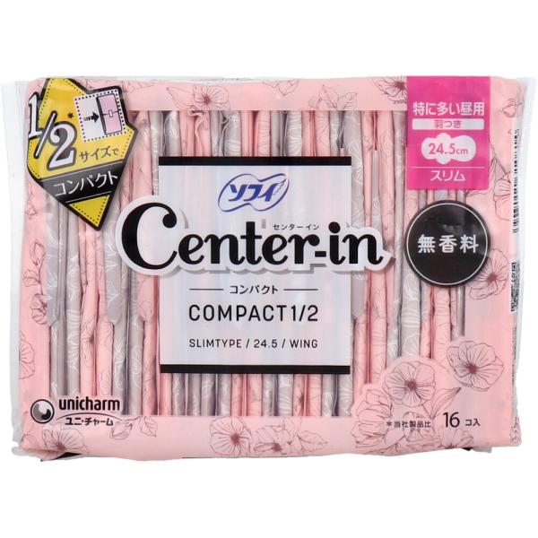 ソフィ センターイン コンパクト1/2 特に多い昼用 スリム ハネつき 無香料 16個入コンパクトサイズで持ち歩きにベスト！●5倍(※ユニ・チャーム社従来品比)サラッと吸収。●肌セレブシート。●無香料。