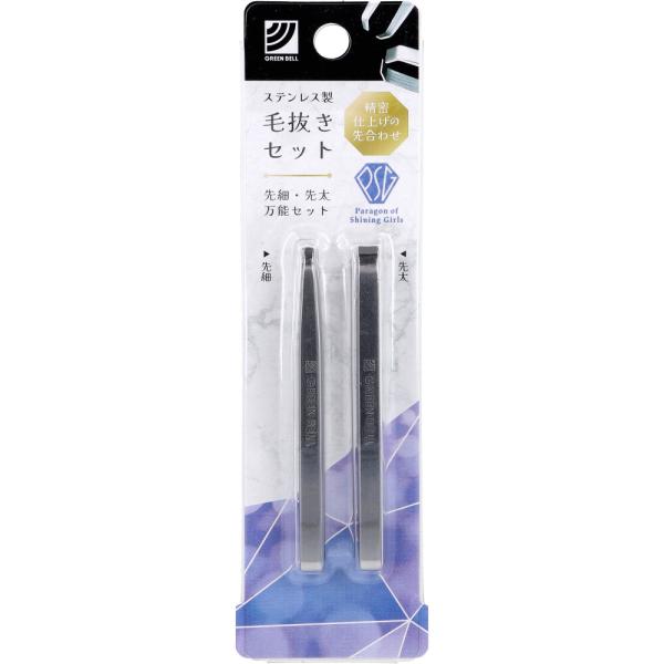 ステンレス製 毛抜きセット PSG-102精密仕上げの先合わせ。● 熟練の職人による精密仕上げ。肌に優しく、しっかり抜ける。●シンプルな先太・先細の 万能毛抜きセット先端がフラットで細く短い毛や太い毛もガッチリつかめます。先細タイプと先太タ...