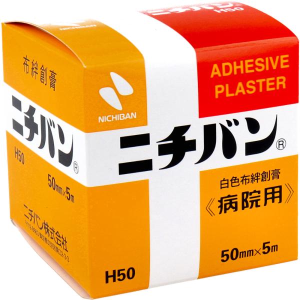 ニチバン 白色布絆創膏 病院用 50mmX5m No.50強度のある綿布のテープ。大きな接着強度があります。矯正位の保持や骨折・脱臼の整復など、固定力が必要な用途に。●高固定性：強度が高い綿布の基材と、粘着力の高いゴム系粘着剤を使用しています。