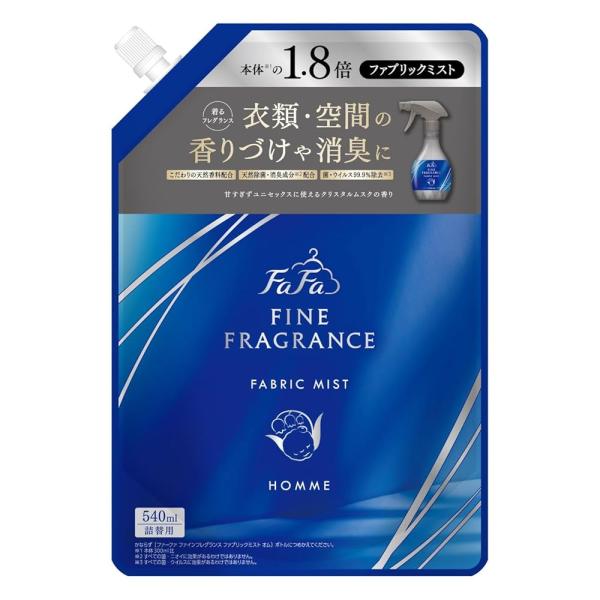 「商品情報」商品の説明ファーファ ファインフレグランス ファブリックミスト オム 540ml 詰替 クリスタルムスクの香り原材料・成分香料、消臭成分（植物抽出エキス）、エタノール、安定化剤、除菌成分使用方法布製品には２０〜３０ｃｍ離し、表面...