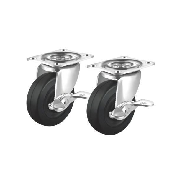 汎用キャスター用ゴム車輪、プレート式ストッパー付き自在車キャスター。