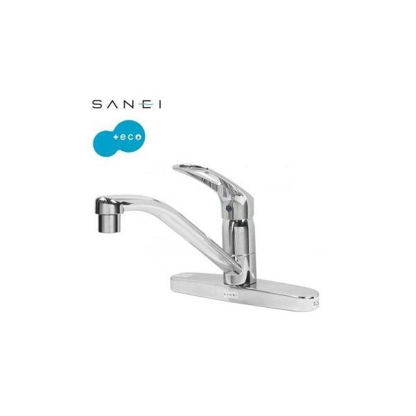 三栄水栓　SANEI シングル台付混合栓　K676EV-13 キッチン用のシングル台付混合栓です。エコ位置クリックでお湯が出ない位置をお知らせし、スマートにお湯のムダ使いを防ぎます。 生産国:日本 素材・材質:青銅 仕様:JISマーク取得済...