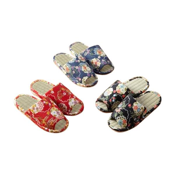 和風　い草スリッパ　華丸柄　3色組(レッド・ネイビー・ブラック各1足)　22〜26cm　XM690 春夏など暖かい季節にピッタリ。い草を使用した通気性抜群のスリッパです。オシャレで落ち着いた和のデザインです。 生産国:中国 素材・材質:生地...