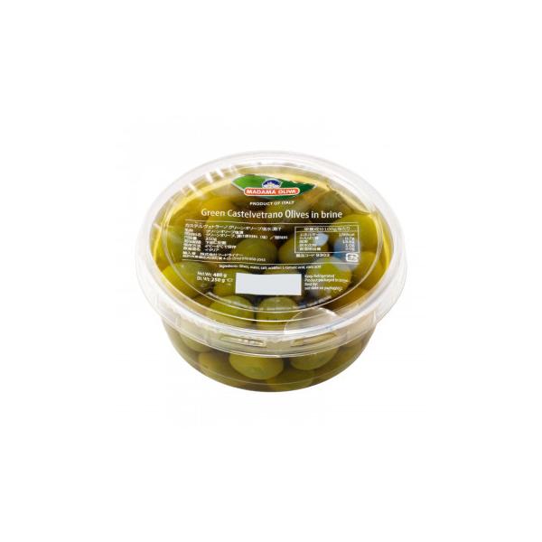 マダマオリーヴァ　カステルヴェトラーノ　グリーンオリーブ　種あり　480g　12個セット　9303 完熟する前の9月に手摘みされたオリーブです。しっかりとした歯ごたえがあり美しい楕円形が特徴。鮮やかな緑色は天然の色で着色はしていません。 生...