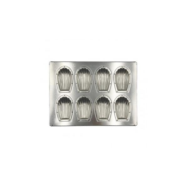 松永製作所　シリコン加工　シルバーマドレーヌ天板8P  MS15 オールシーズン使える定番のマドレーヌ型です。家庭用オーブンに入るサイズで使い勝手のいい商品です。表面にシリコン加工がかかっており型離れの良さに定評があります。また当社の型は熱...