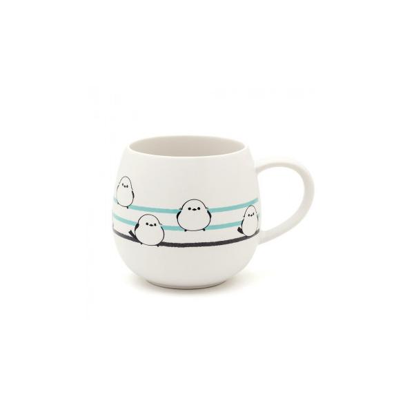 三郷陶器 シマエナガ  マグカップ(しましま) 6832-11 小さくて、真っ白で、モフモフの丸いフォルムにつぶらな瞳とおちょぼ口、かわいさを集めたアイドル、シマエナガのマグカップです。シマエナガたちが爽やかなストライプにとまって遊んでいる...