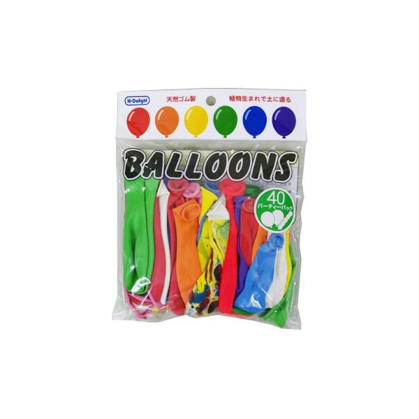 Hi-Delight　BALLOONS　ゴム風船　パーティパック　HQパーティパック　40入 11006 4種類の風船が入ったパーティパックです。 生産国:台湾 商品サイズ:丸型風船:直径(約)20cm、ロング型風船:長さ(約)60cm セ...