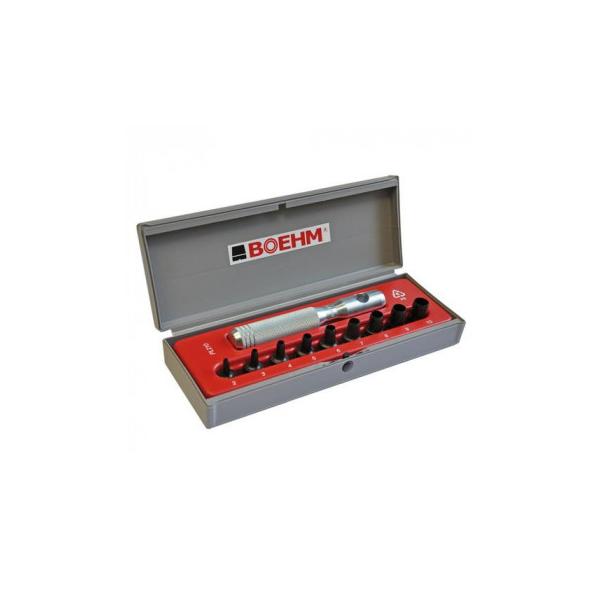BOEHM 穴あけポンチ ボエム JLB210 穴あけポンチです。 生産国:フランス 重量:340g セット内容:ポンチ9個(φ2、3、4、5、6、7、8、9、10mm)ハンドル 穴あけポンチ キーワード【DIY 工具 道具 切削 切断 穴...