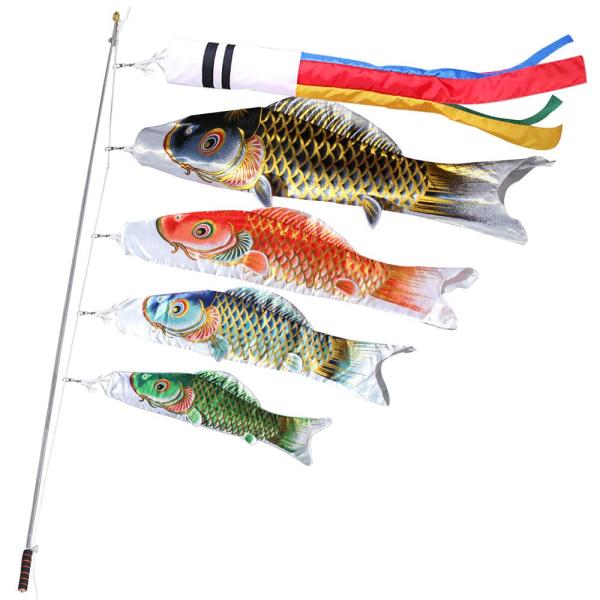 【ご購入後の当店からの連絡はご登録のメールアドレスに通知いたします。必ずご確認ください】【商品概要】【2022年度新作鯉のぼり】金龍鯉金箔押セット内容：五色吹流し1.3m・黒鯉1.2m・赤鯉1.1m・青鯉1m・緑鯉0.8m・ロープ・口金具・...