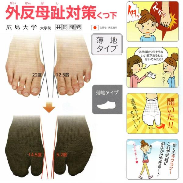 外反母趾対策くつ下の薄地タイプになります。違和感なく1日中着用でき、歩きやすい外反母趾用くつ下です。違和感がない押圧機能(パッド)採用。高伸縮性〜足指保護と通気性の確保。袋構造【母趾（親指）と他趾を分割】低伸縮性と高伸縮性の組合せ〜足全体と...