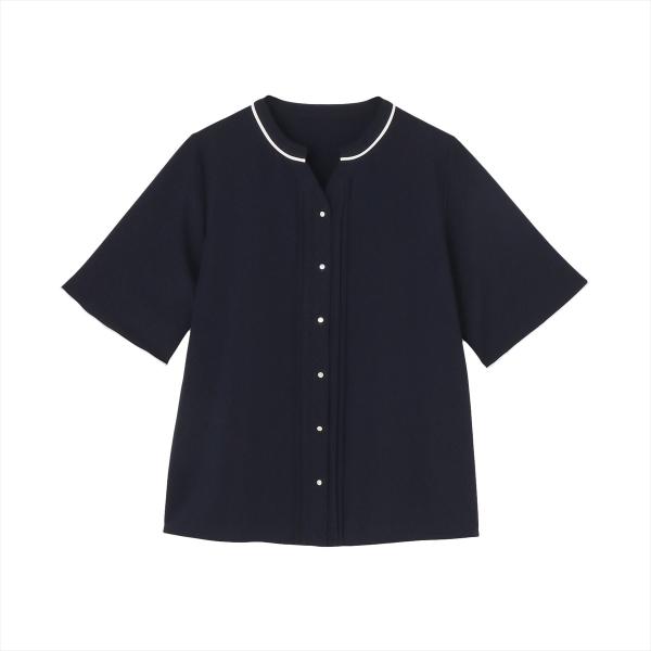 【発売日：2026年04月16日】普段使い、オフィスカジュアルに使いやすく着回しやすいブラウス。シワになりにくく、扱いやすくヘビロテで使いやすいアイテムです。【配色パイピング　ジョーゼット 五分袖ブラウス】ふんわりとした印象のジョーゼット生...