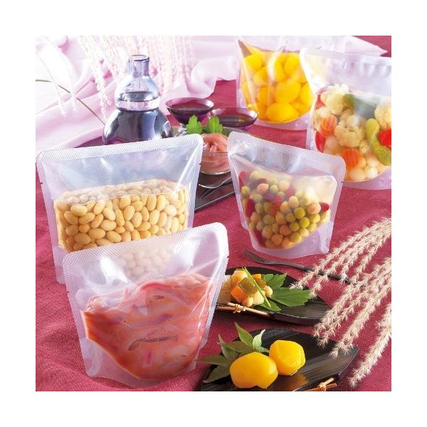 真空包装適性に優れ、加熱殺菌（90℃×30分）。破袋・ピンホール防止に優れた、スタンディング包装です。充填に便利な広口です。■耐衝撃性、耐摩耗性に優れ、破袋が起こりにくい強力包装。■低温（-40℃）性に優れ、加熱殺菌（90℃×30分）可能で...