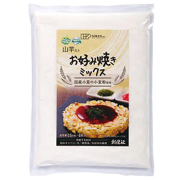 国内産原料100％の原料のみで作った純植物性のお好み焼きミックスです。小麦澱粉、山芋粉、昆布粉末を加えました。動物性原料、食塩不使用。ご家庭で簡単にふんわりとした食感のお好み焼きがお作りいただけます。【お好み焼きの作り方】用意する材料（直径...
