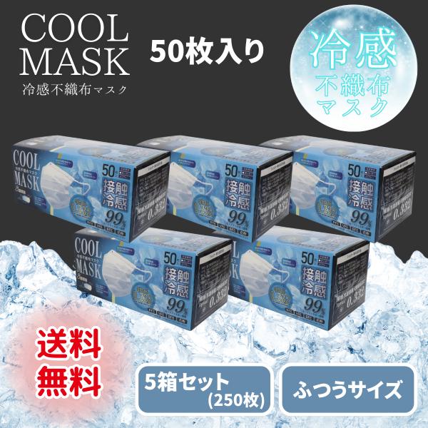 ホントに冷たい！ 冷感不織布マスク 50枚入り 5箱セット ふつうサイズ ホワイトVFE取得！ カットしたい粒子に合わせたマスク選びを！接触冷温感、最大熱吸収得度0.332！！安心の不織布で、接触冷感！◇検索関連ワード不織布 マスク mas...