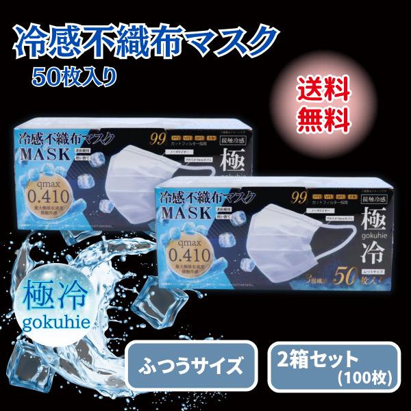 史上最大の冷たさ！ 極冷冷感不織布マスク 50枚入り 2箱セットふつうサイズホワイト◇検索関連ワード不織布 マスク mask カラーマスク 不織布マスク 白 三層構造 PM2.5 花粉 かぜ ハウスダスト 飛沫 普通 おしゃれ ふつうサイズ...