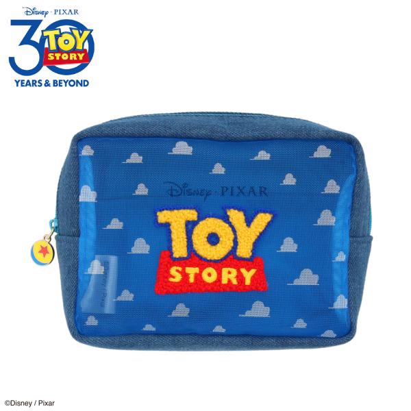Disney TOY STORY デニムシリーズ スクエアポーチ ＜TOY STORY＞もこもこのサガラ刺繍の組み合わせが可愛い!ピクサーボールのチャームがアクセントになった30周年のお祝いにぴったりな豪華仕様のシリーズです。マルチに使える...