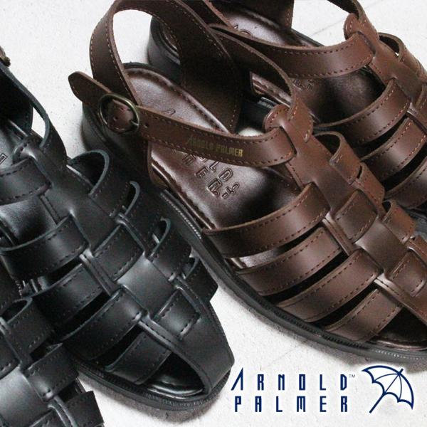 アーノルドパーマーの定番サンダル。上質な天然皮革製。ストラップ部分はスナップボタン（ホック）で脱ぎ履きラクラク。普段履きに、ドライビングシューズやオフィスサンダルにもオススメ。安心品質の日本製。※防水加工はしておりませんので、水辺や水の中で...