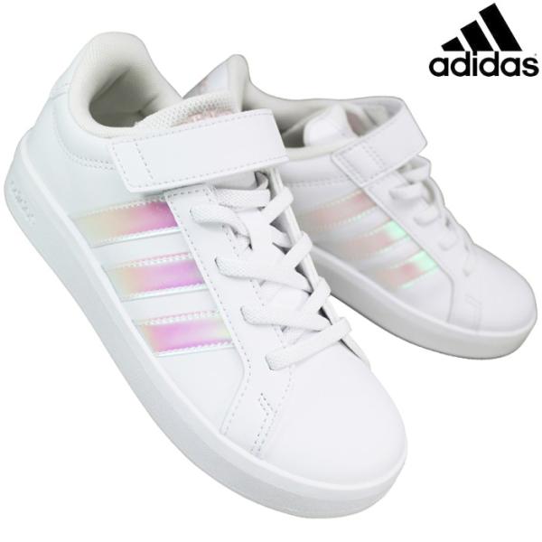 【アディダス / adidas】キッズ・ジュニア向けスニーカー。シンプルなデザインのコートタイプシューズ。両サイドにあしらったオーロラ素材のスリーストライプスがアクセント。合成素材のアッパーを採用し、耐久性が高く、クラシックで飽きのこないデ...