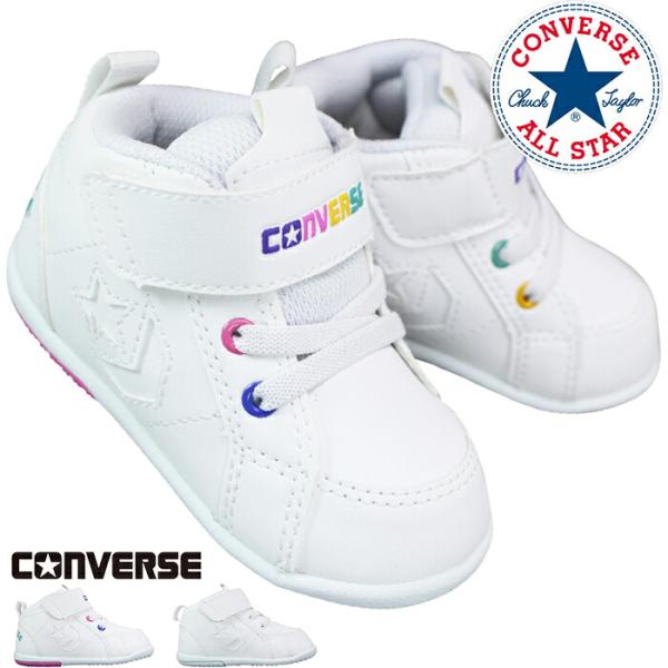 春の新商品！【コンバース CONVERSE】ベビースニーカーインファント向けのミッドカットモデル。歩き始めの赤ちゃんのために、ソフトな合成皮革を使用しており、足に優しい履き心地を実現。また、軽量で屈曲性に優れたソールを採用し、足の自然な動き...