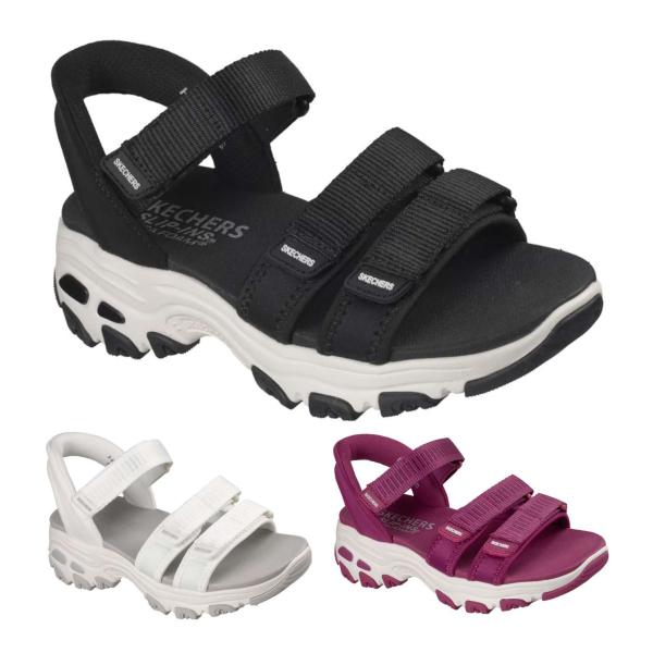 カジュアルなスタイルと快適な履き心地で暑い季節を満喫する、Skechers Hands Free Slip-ins：D'Litesサンダル - クラシック キャッチ。Heel Pillow（ヒールピロー）デザインを採用したヴィーガン（動物由...