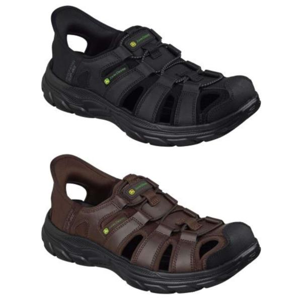 一日中快適な履き心地のSkechers Hands Free Slip-ins x ジョンディア Relaxed Fit：リヴォルテッド - ナイル。Heel Pillowデザインを採用したカジュアルなスリップオンスニーカーサンダル。メッシ...