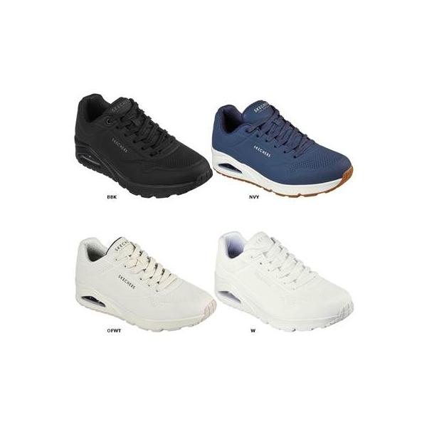 クラシックなエアクッションスタイルに最新の快適性を取り入れたシューズ、スケッチャーズ ストリート(TM) ウノ - スタンド オン エア。アッパーになめらかな穴あきタイプのレザー調の合皮を使用したファッションスニーカー。SKECHERS A...