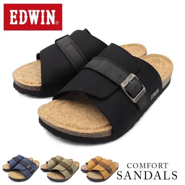 EDWIN エドウィン サンダル メンズ コンフォート フットベット カジュアル ブラック カーキ圧力で形状変化し履いた人に合わせて馴染むコルクのフットベットにはコルクシートを採用しています。歩行の際のバランスをとりやすくする、内側と外側に...