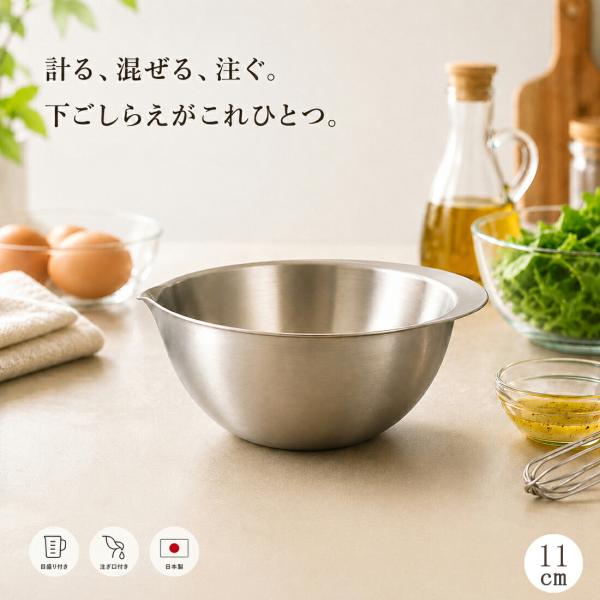 ◆サイズ11cm：約 横幅13.8×奥行12.5×高さ7cm◆材質：18-8ステンレス◆適正容量11cm：約300ml◆生産国：日本（新潟県燕市）■特徴注ぎやすさと使いやすさを追求した、目盛り付きステンレス製ボウル。液体をこぼしにくい注ぎ口...
