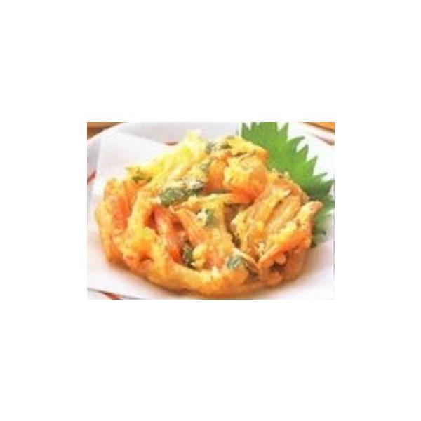 たまねぎ・にんじん・ごぼう・しゅんぎくの野菜カットを大きくし素材感と彩をお楽しみいただけるかき揚げに仕上げました調理方法：油で揚げる：約170℃　約1分30秒間自然解凍：室温(約20℃) １時間-１時間30分電子レンジ：500W 約２分間(...