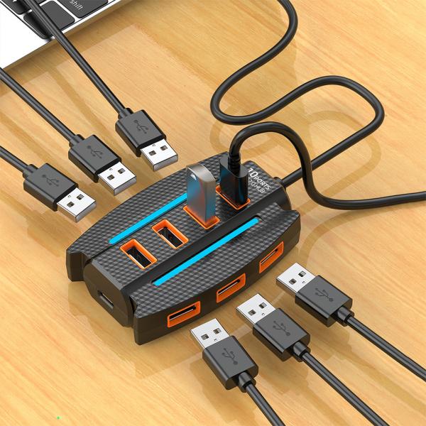 10ポート USB 2.0 ハブ Type-C給電対応 高速データ転送 LEDライト搭載 ノートPC デスクトップPC10ポート拡張で、接続ニーズに対応！キーボード、マウス、ハードディスク、プリンター、USBファンなど、最大10台の機器を同...